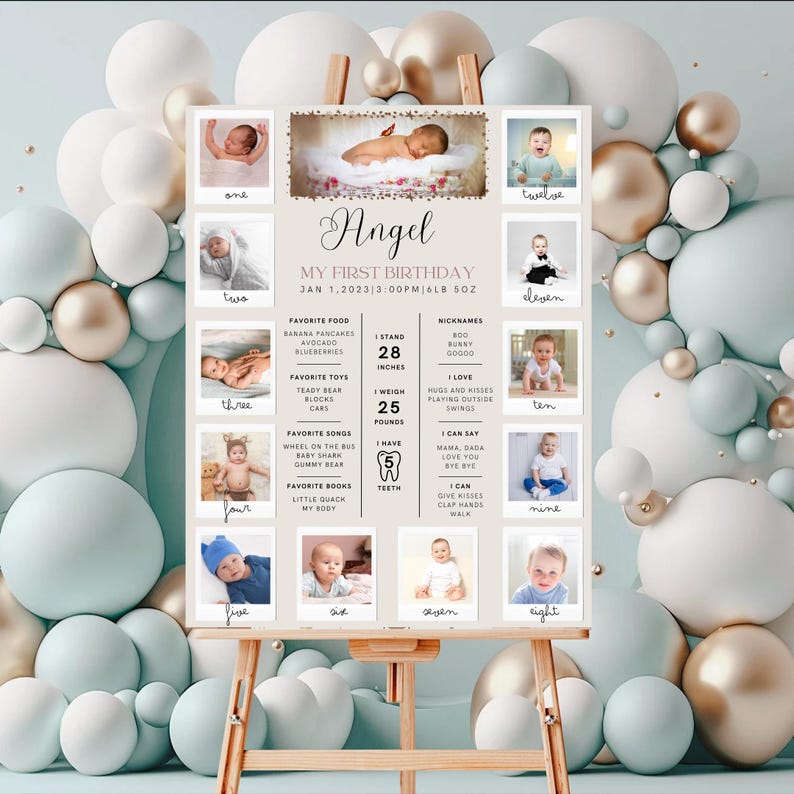 Baby's First Year Milestone Board Template, Photo Collage (digital ...