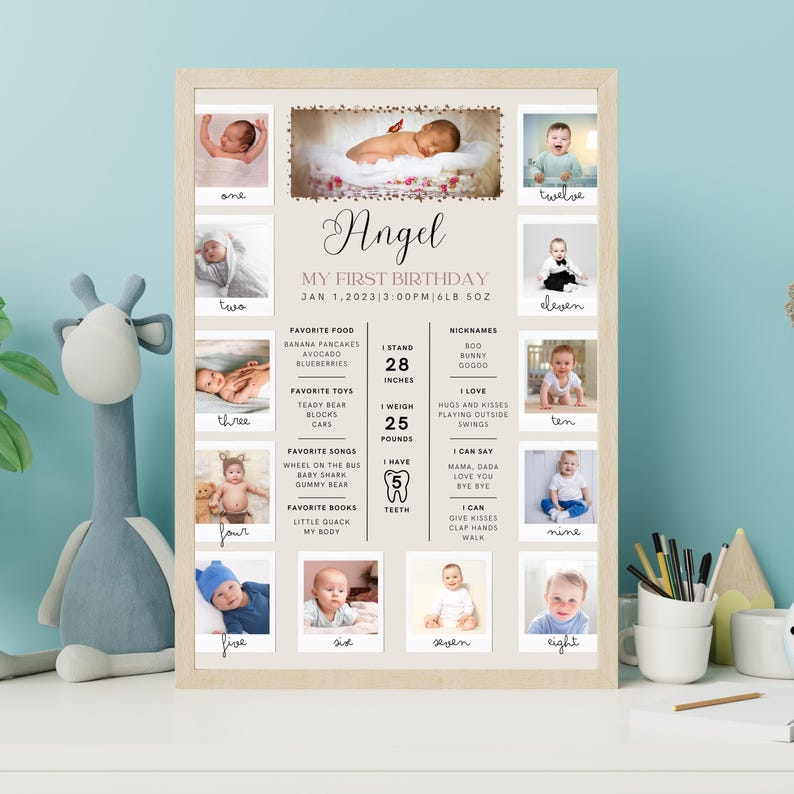 Baby's First Year Milestone Board Template, Photo Collage (digital ...