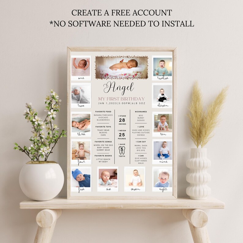 Baby's First Year Milestone Board Template, Photo Collage (digital ...