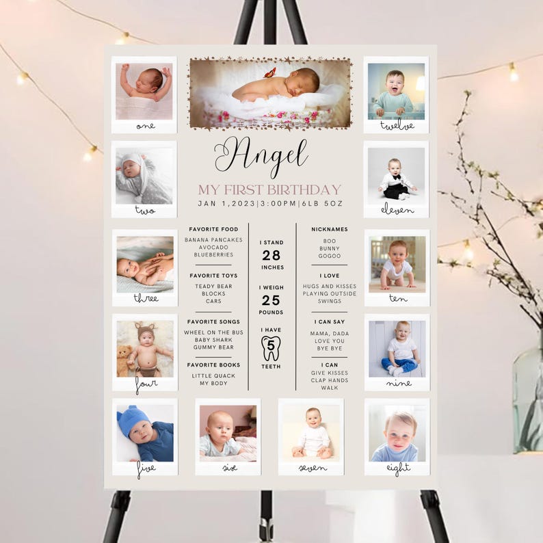 Baby's First Year Milestone Board Template, Photo Collage (digital ...