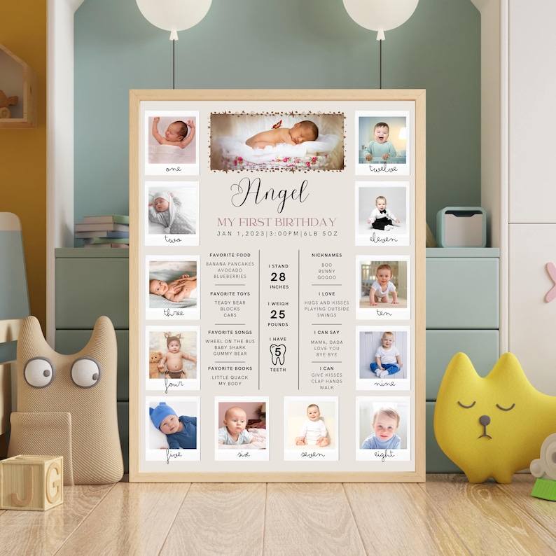Baby's First Year Milestone Board Template, Photo Collage (digital ...