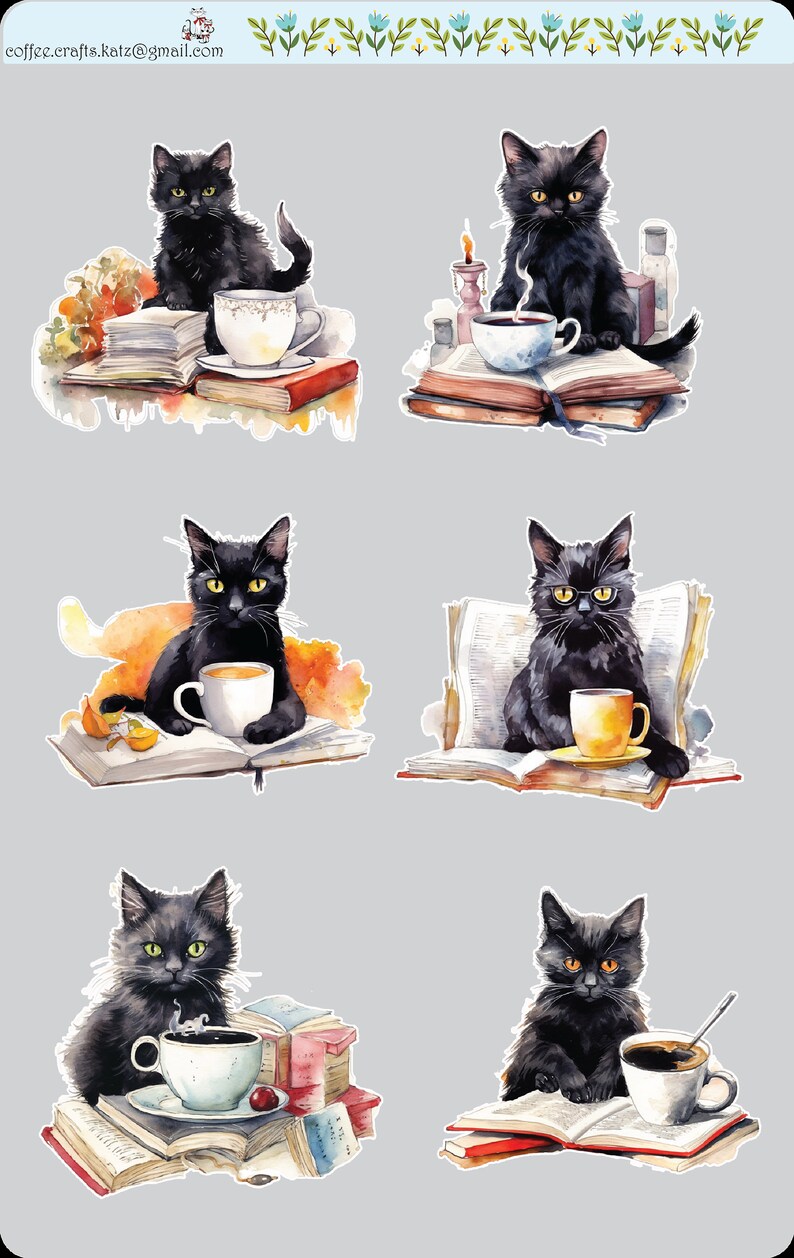 Black Cat, Books & Coffee Sticker Sheet - Etsy