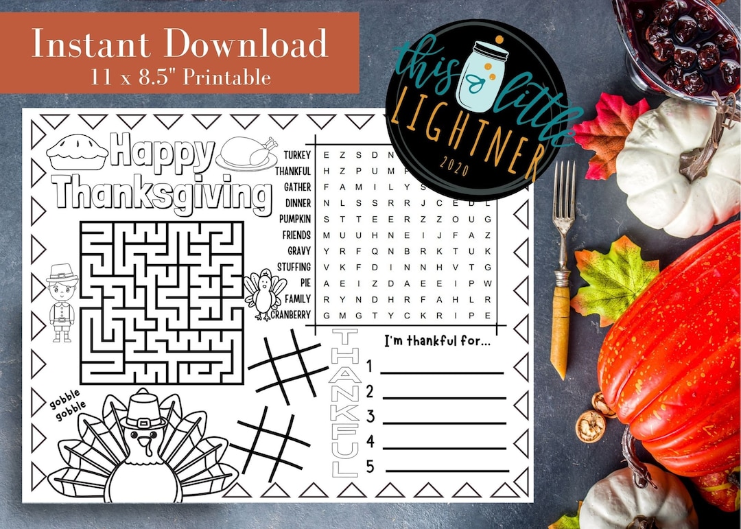 Kids Thanksgiving Coloring Page Placemat | Dinner Placemat | Digital ...