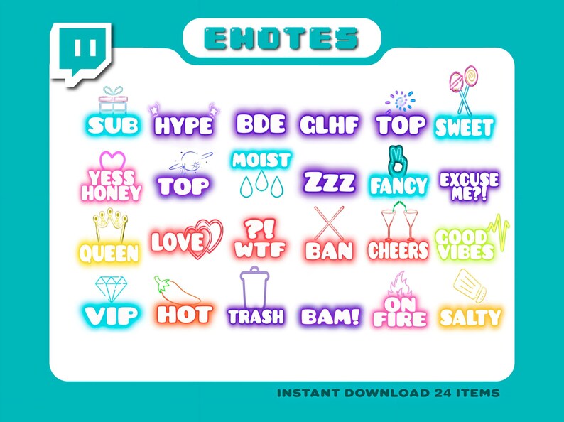 Neon Twitch Emotes Pack | 24 Colorful Text Emotes for Discord & Tiktok ...