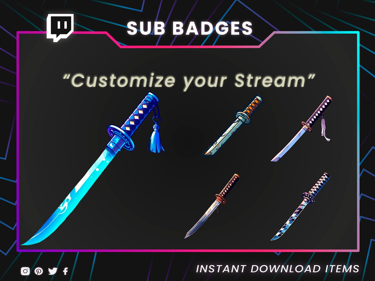 Twitch Sub Badges for Streamers / Katana Bit Badges / Samurai Sword ...