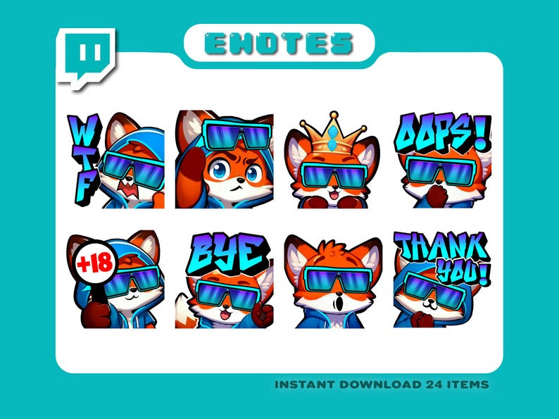 24 Twitch Emotes, Fox Emotes, Kick Emotes, Text Emotes, Neon Emotes, Hi ...