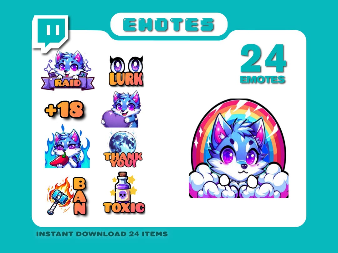 Cute Wolf Emotes Pack | 24 Colorful Twitch, Discord, & Tiktok Emotes ...