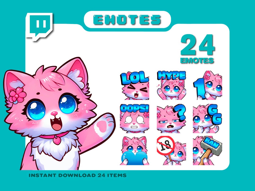 Pink Cute Cat Emotes for Twitch, Discord, and Tiktok | Emotes on Sale ...