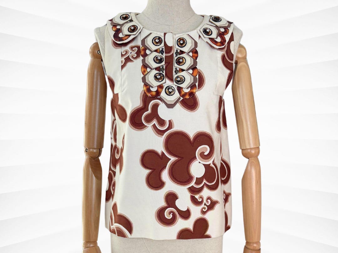 Vintage Chloe Top: 2000s Abstract Floral Print, Embroidered Bib - Size ...