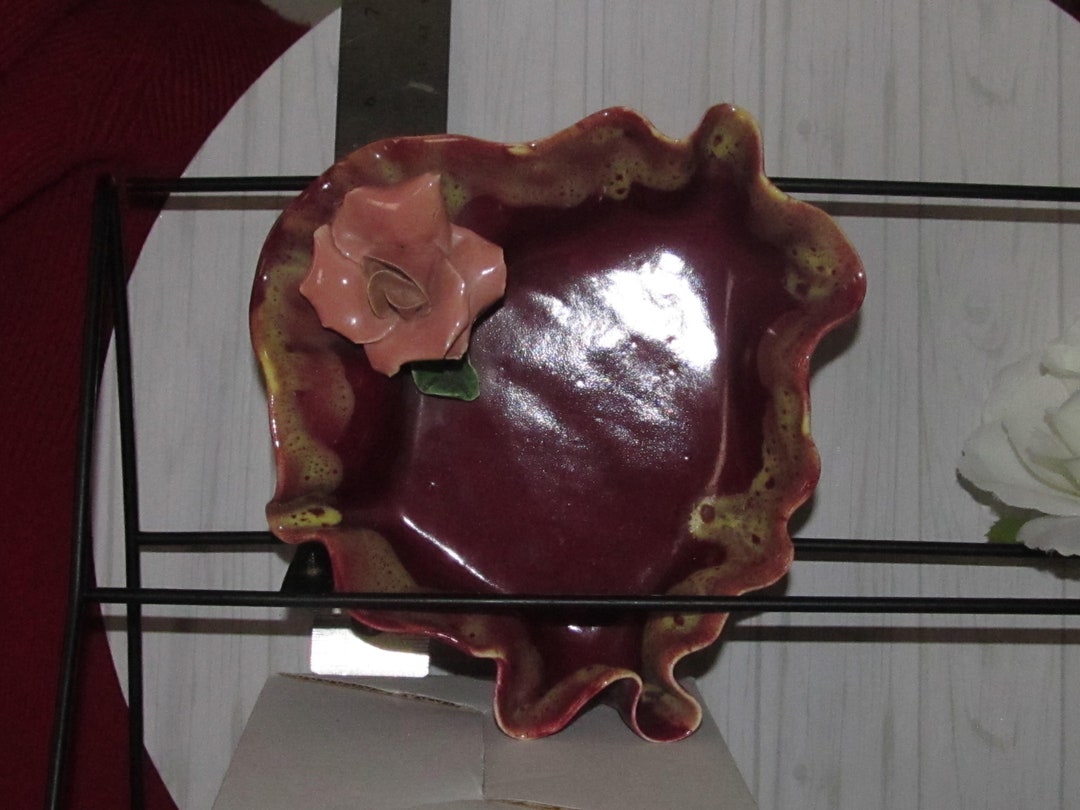 Vintage Ceramic Mauve Leaf Trinket Dish With Pink Rose Green Leaves - Etsy