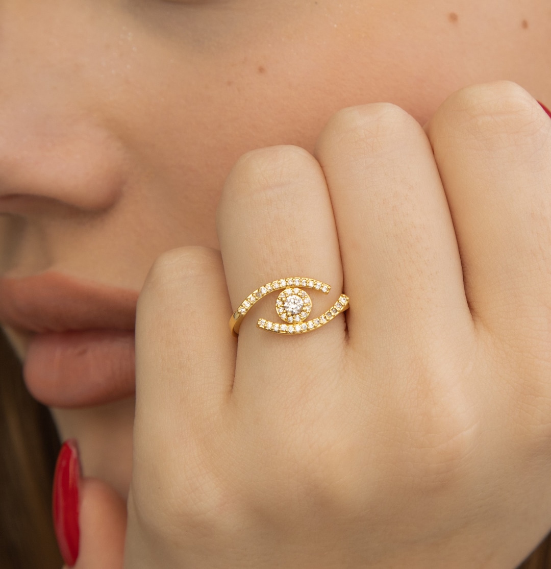 Diamond Evil Eye Ring, Protection Ring, 14K Solid Gold Women Ring ...