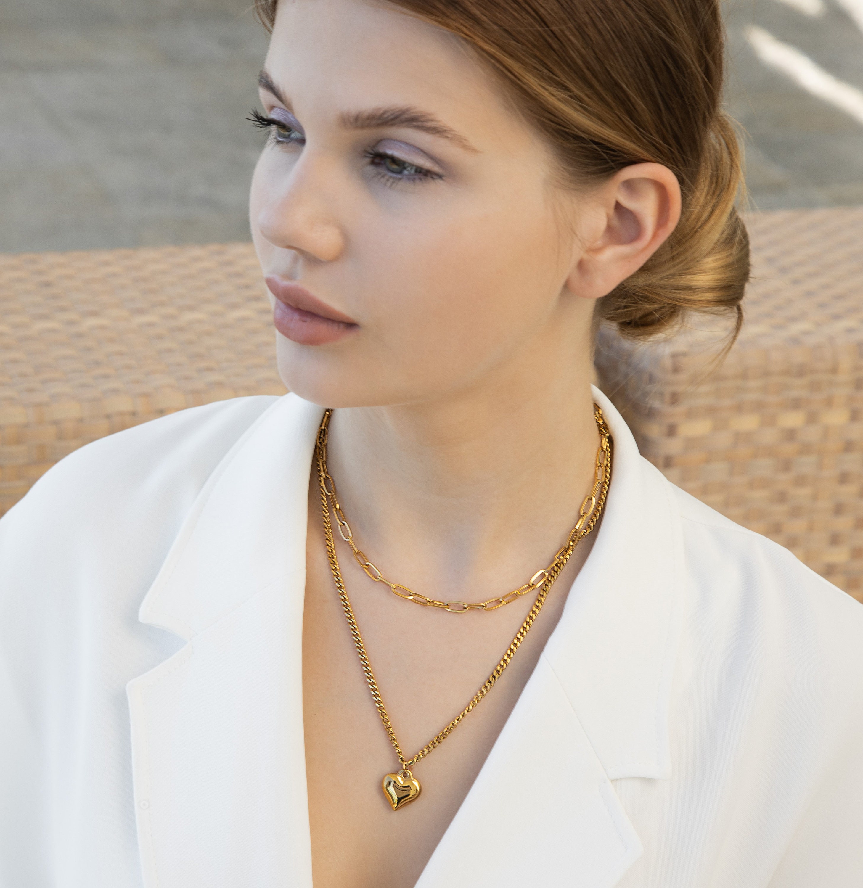 Gold Double Layered Chain Necklace, Love Necklace, Heart Necklace, Gold ...