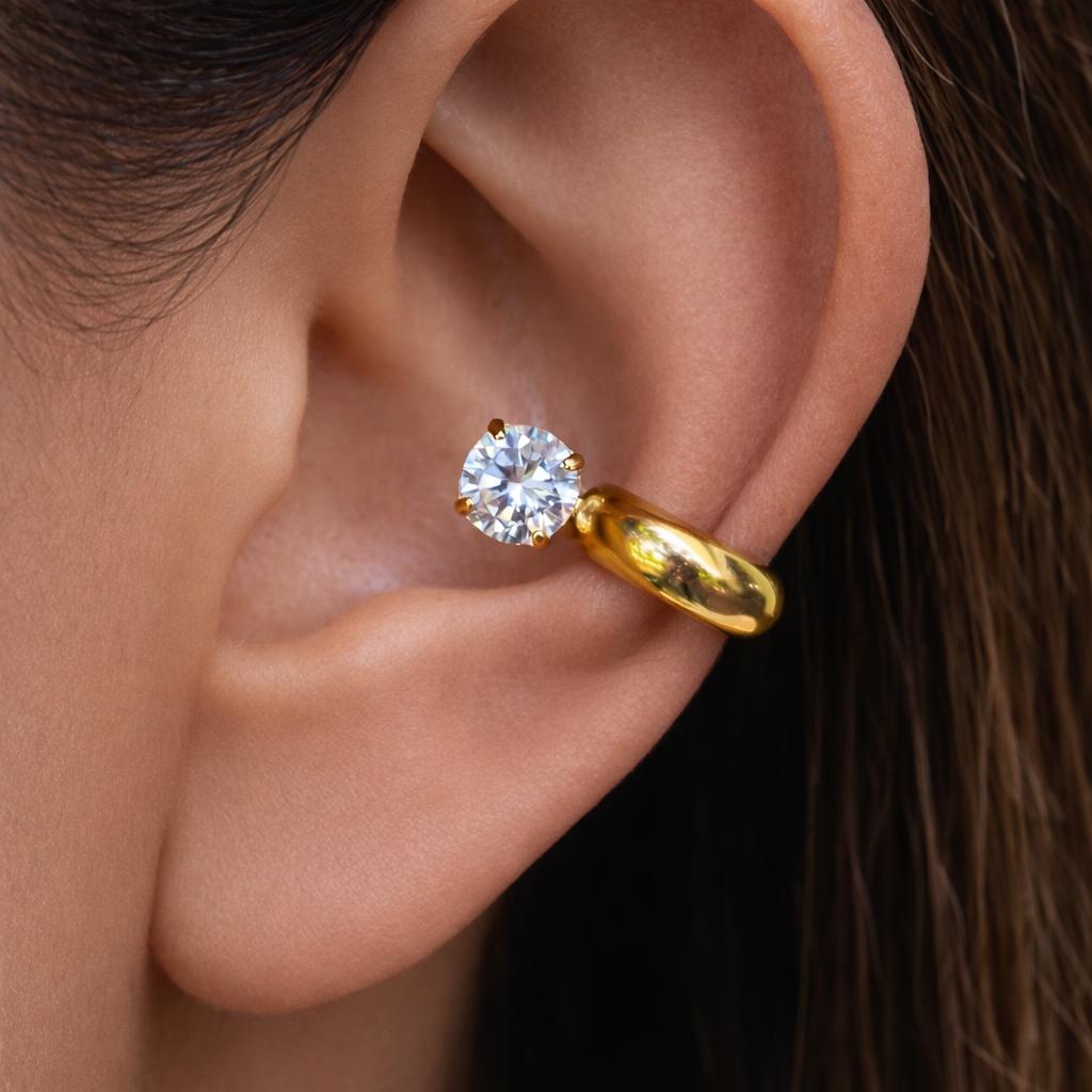 Gold Zircon Ear Cuff, No Piercing Ear Clip, CZ Cartilage Cuff, 18K Gold ...