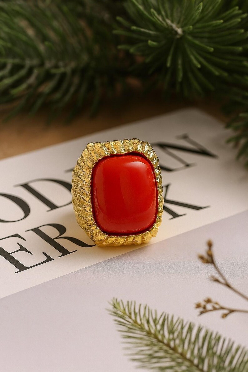 Red Stone Cocktail Ring, Gold Statement Ring for Women, Bold Adjustable ...