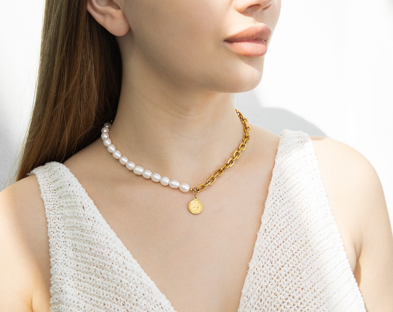 Half Chain Half Pearl Necklace, Gold Half Pearl Half Paper Clip Chain ...