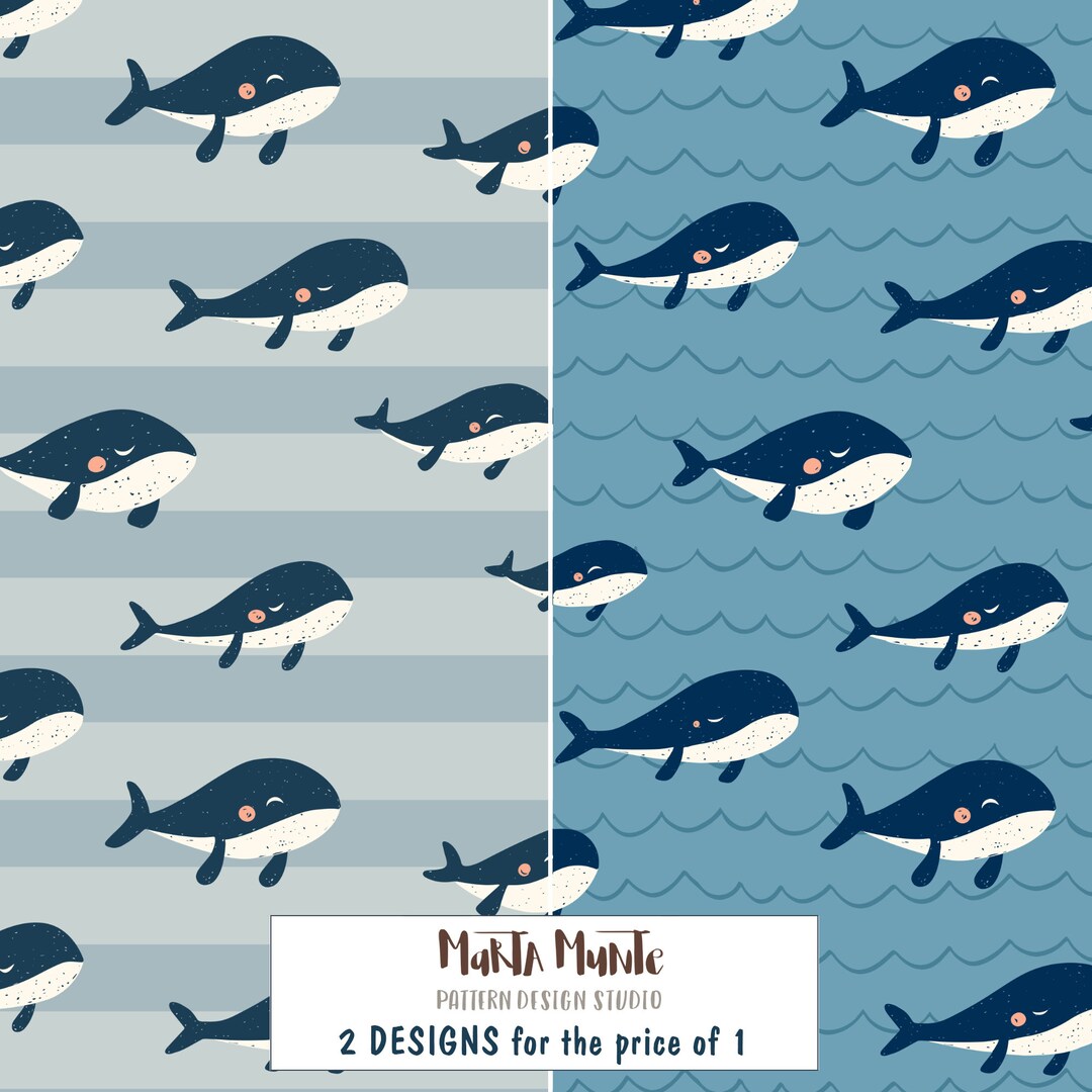2 Blue Whales Seamless Pattern for Commercial Use, Children Pattern for ...