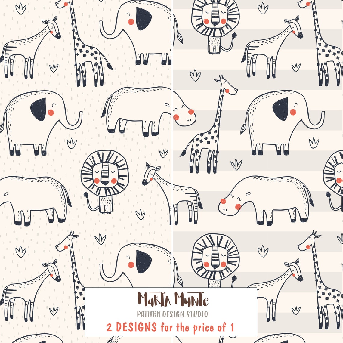 2 Savannah Animals Seamless Pattern for Commercial Use, Children ...