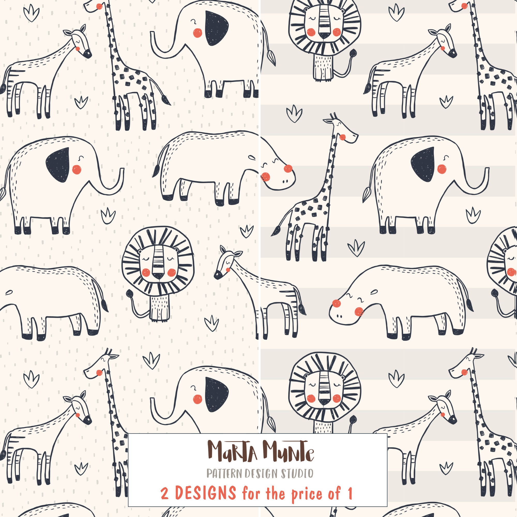 2 Savannah Animals Seamless Pattern for Commercial Use, Children ...