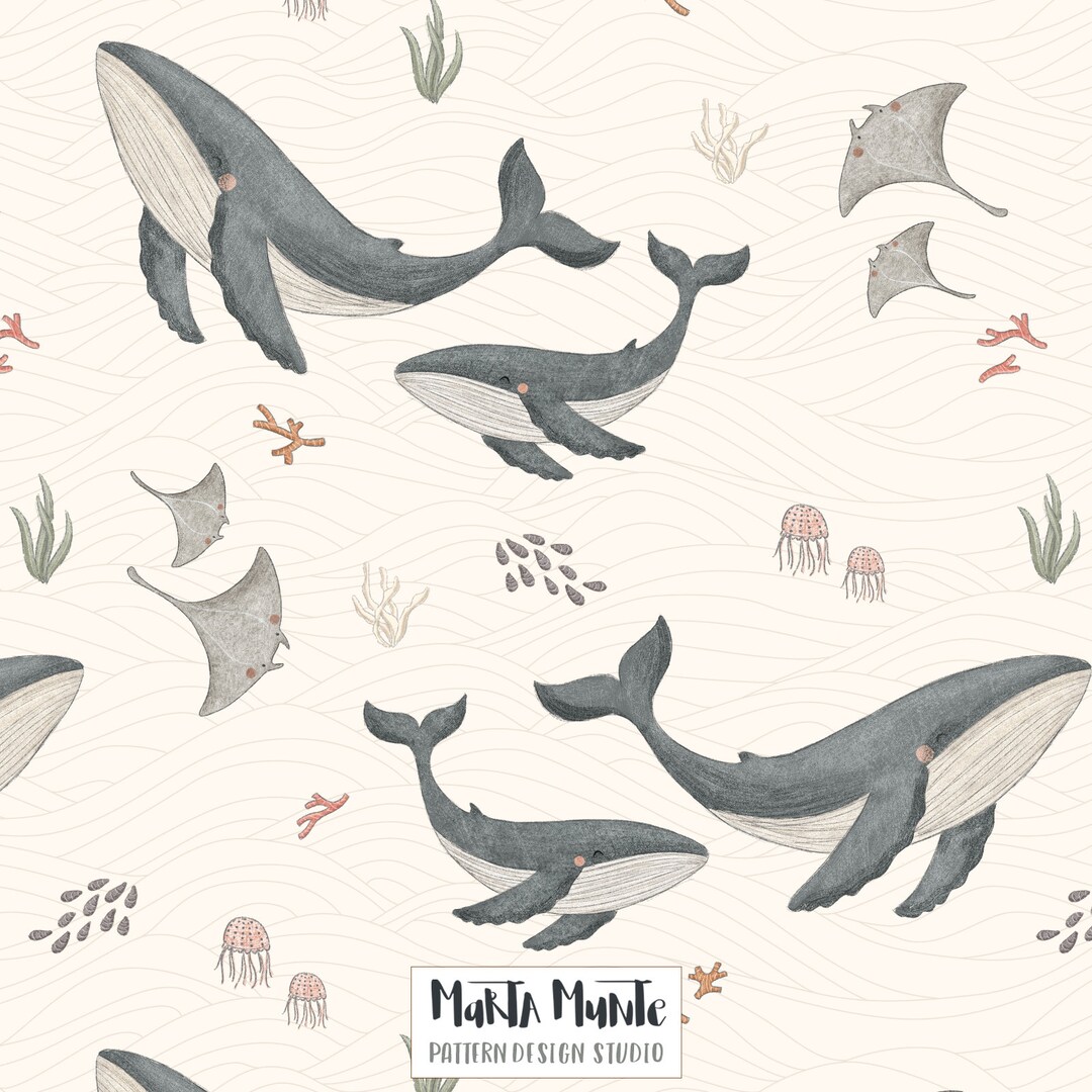 Whales and Manta Ray Seamless Pattern, Nautical Fabric Design (digital ...
