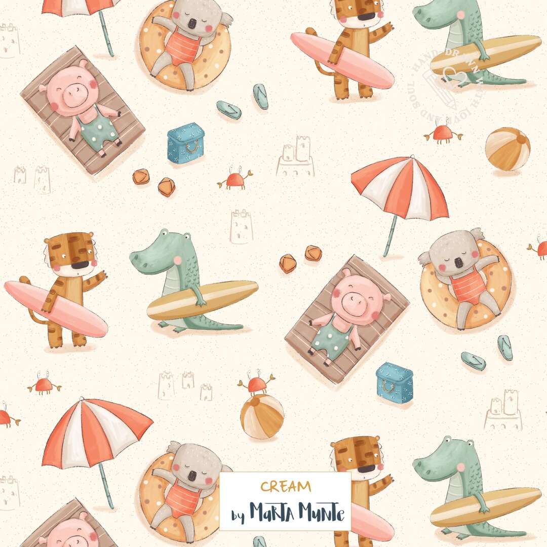 Summer Seamless Pattern Design for Fabric, Animals on the Beach Repeat ...