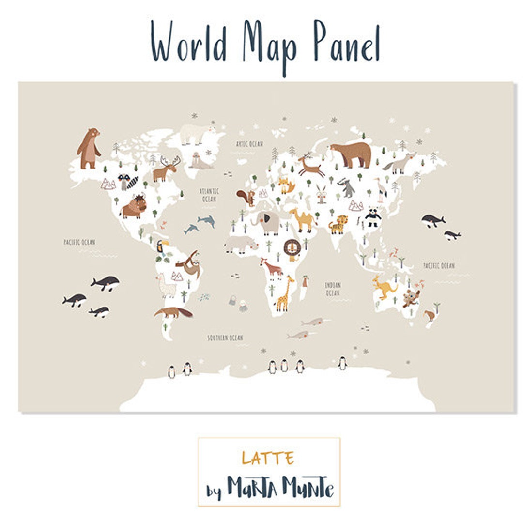 World Map With Animals Panel Ideal for Fabric Rug, Placemat or Blanket ...