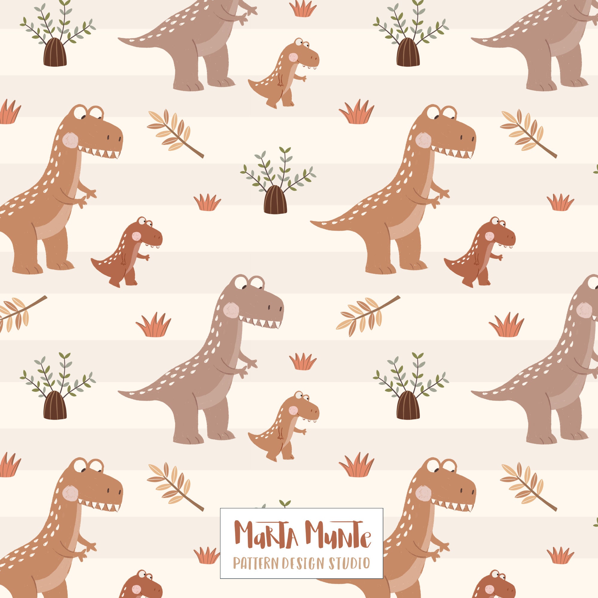 Two T-rex Families Seamless Pattern Design in Brown Colors for Fabric ...