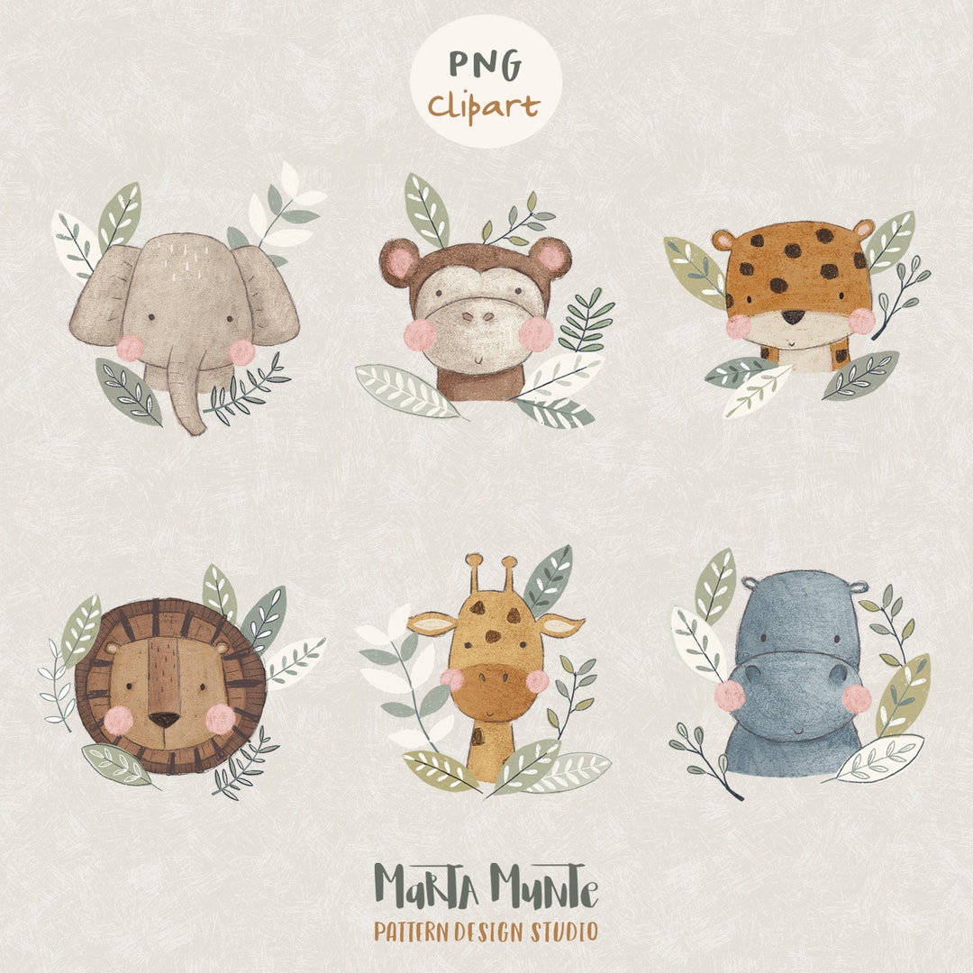 Safari Animals Clipart Set Elephant Monkey Leopard Lion - Etsy