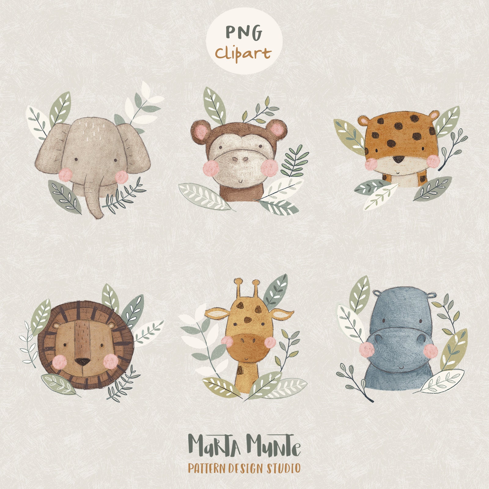 Safari Animals Clipart Set, Elephant, Monkey, Leopard, Lion, Giraffe ...