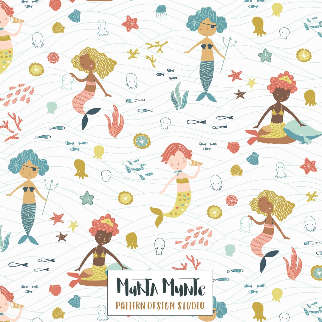 Mermaids Pattern Design, Sea Life Surface Design, Girls Repeat Pattern ...