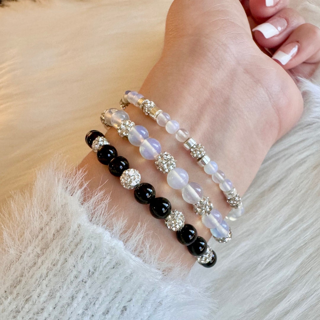 Bling Stack | 3 Stretch Bracelets in Black Onyx Gems and Opalite With ...