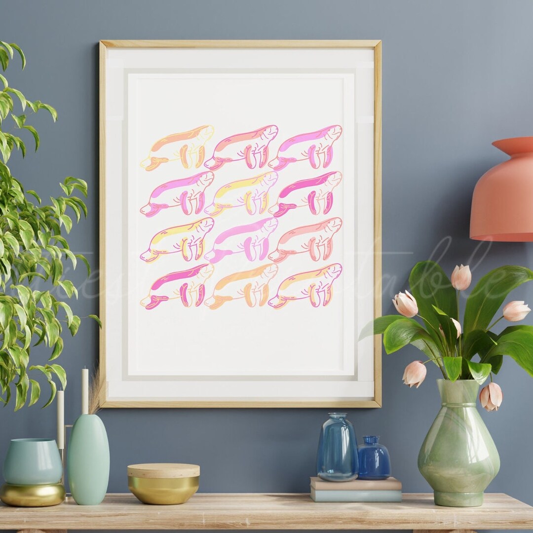 Modern Manatees Digital Print, Funny Quirky Wall Decor, Dorm Bedroom ...