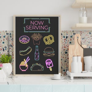 Now Serving Neon Food Digital Print, Junk Food Pop Art, Kitchen Decor ...