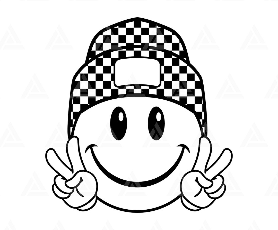 Checkered Happy Face Beanie Svg, Peace Sign, Happy Face Clipart, Retro ...
