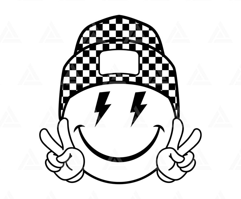 Checkered Happy Face Beanie Svg, Peace Sign, Lightning Bolt Eyes, Retro ...