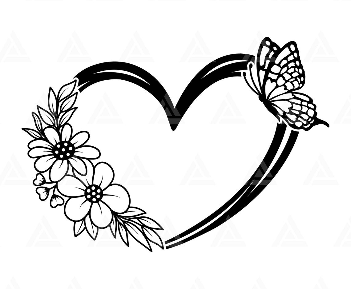 Floral Heart Svg, Butterfly Svh, Flower Heart Png, Hand Drawn Heart ...