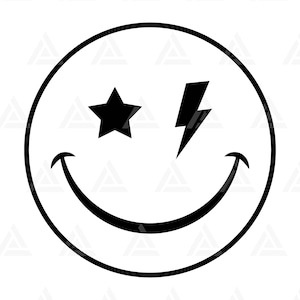 Happy Face Svg, Lightning Bolt Eyes Svg, Star Eyes, Retro Happy Face ...