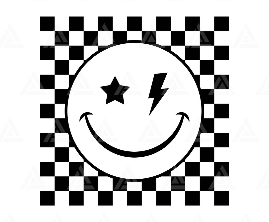 Checkered Happy Face Svg, Lightning Bolt Eyes Svg, Retro Happy Face PNG ...