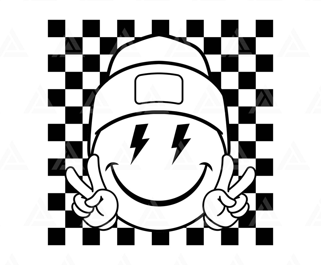 Checkered Happy Face Beanie Svg, Peace Sign Svg, Lightning Bolt Eyes ...