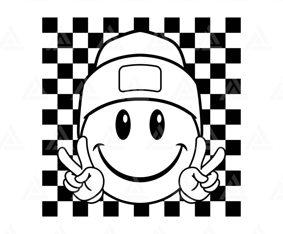 Checkered Happy Face Beanie Svg, Peace Sign, Happy Face Clipart, Retro ...