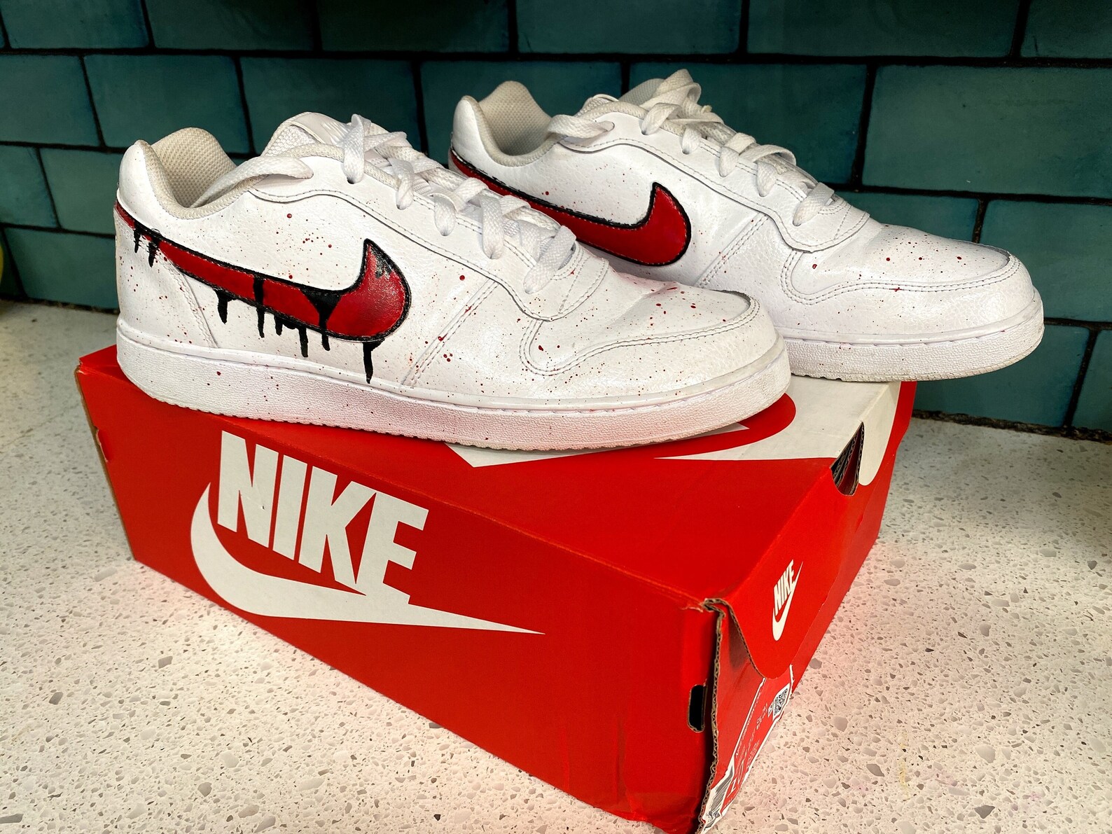 Custom Nike Hand Painted Shoes. Red-black Drip, Ebernon Lows With ...