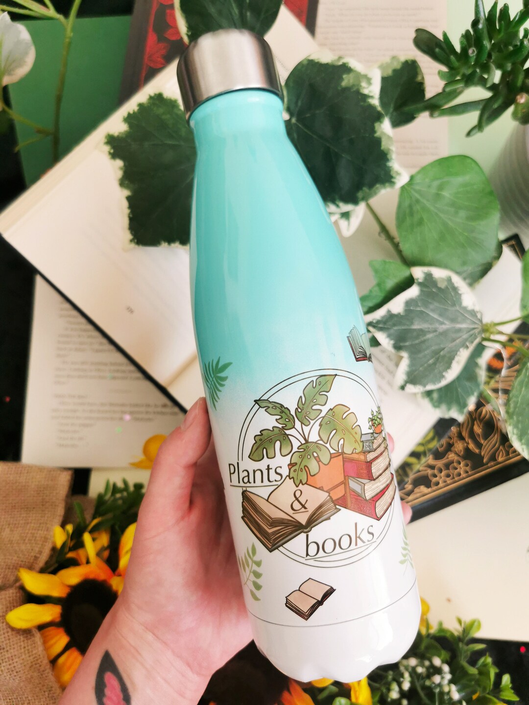 Plants and Books Water Bottle | Reader Gift | Library | Double Walled ...