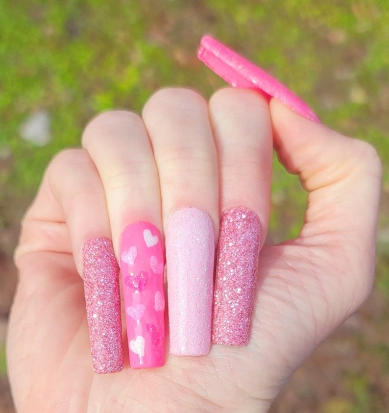 Pink Sparkly Press on Nails/heart Shape Press on Nails/pink Sparkly ...