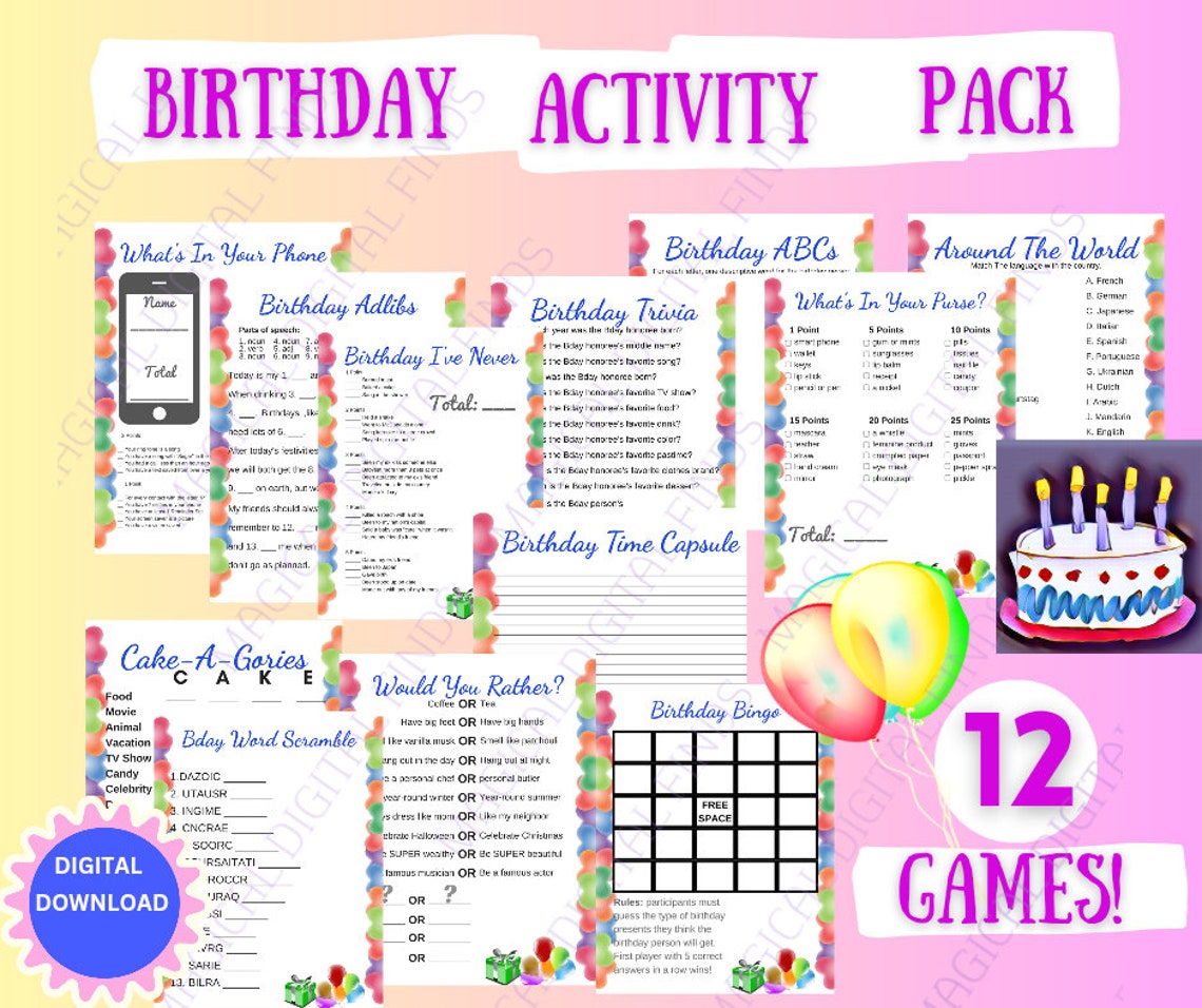 Birthday Activity Printables I Birthday Party Trivia Puzzle Fun Games I ...