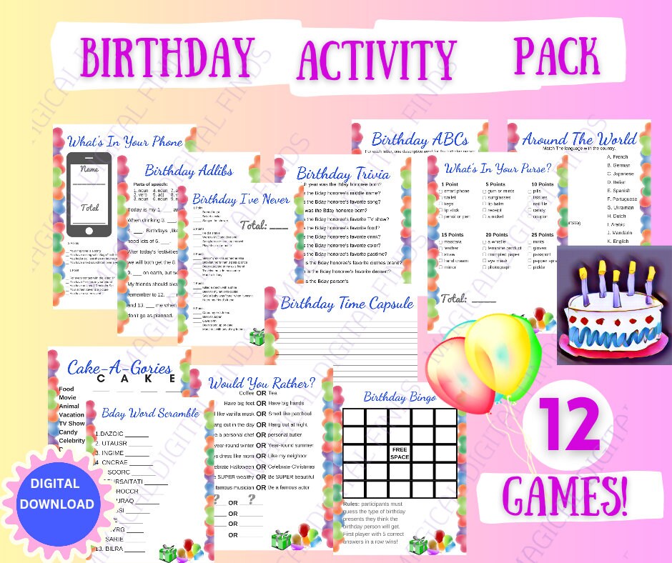 Birthday Activity Printables I Birthday Party Trivia Puzzle Fun Games I ...