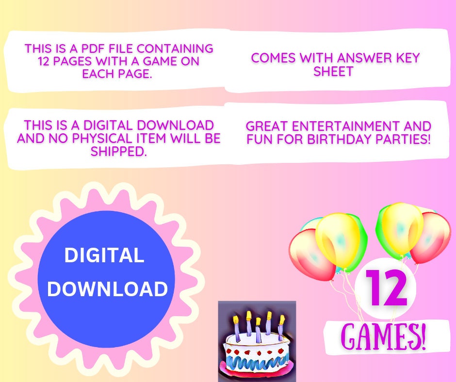 Birthday Activity Printables I Birthday Party Trivia Puzzle Fun Games I ...