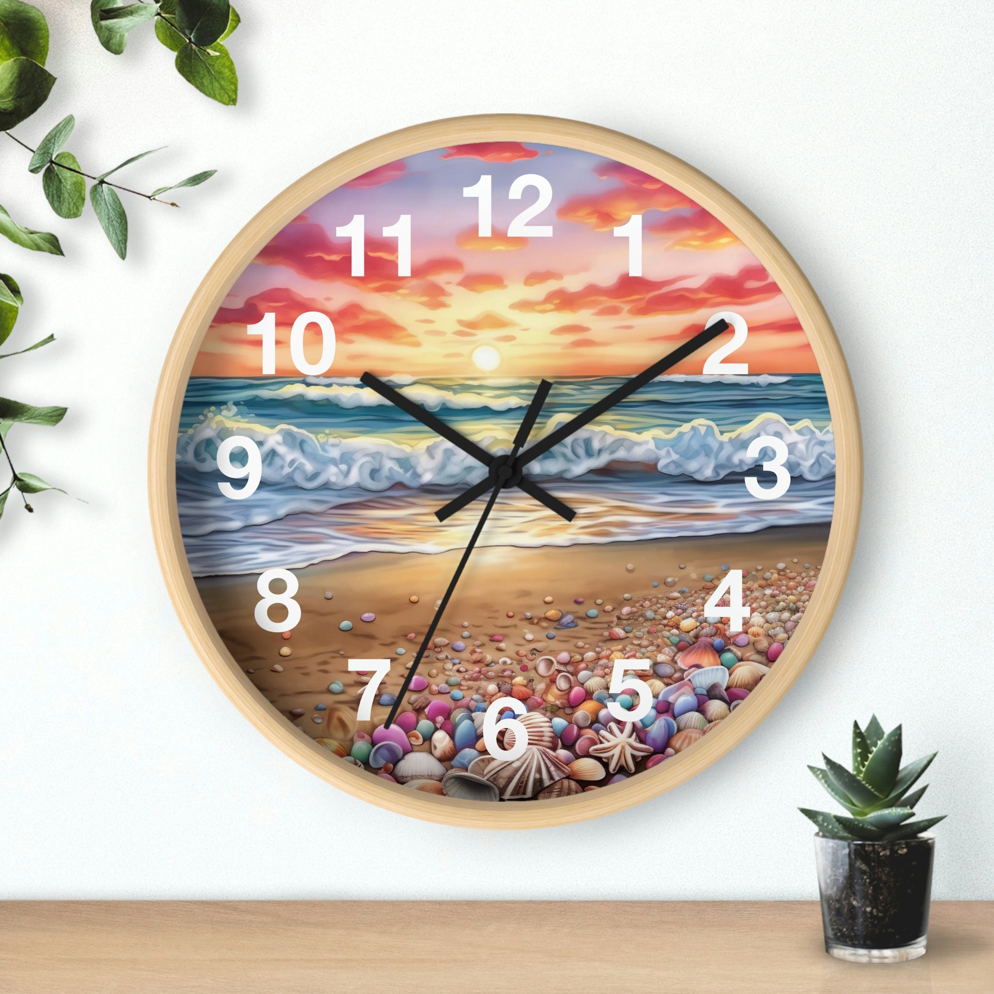 Beach Wall Clock With Numbers, Beach Waves Sea Shell Home Decor ...