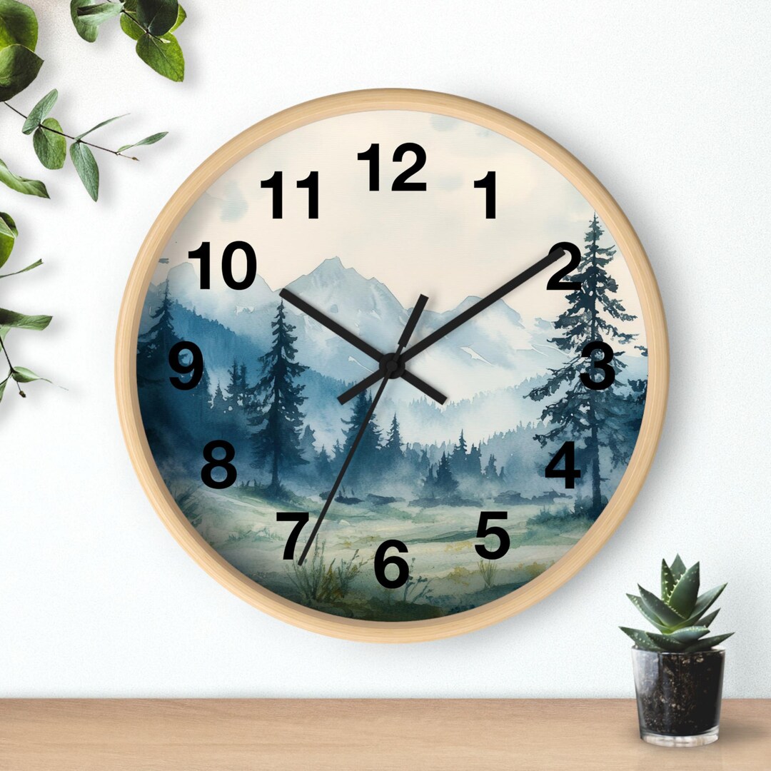 Watercolor Pine Trees and Mountains Wall Clock With Numbers, Foggy ...