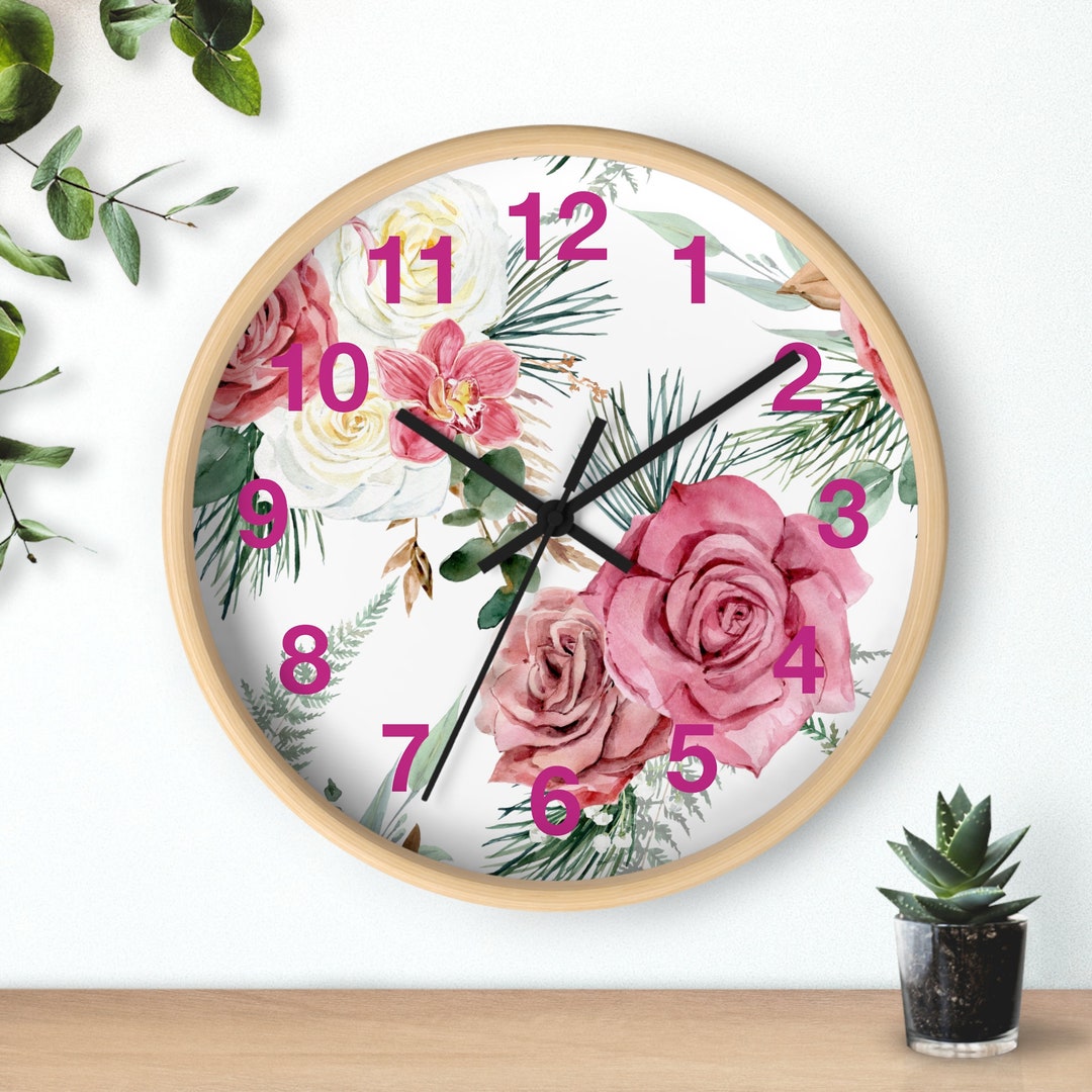 Flower Wall Clock, Floral Designed Clock, Pink Watercolor Wall Clock ...
