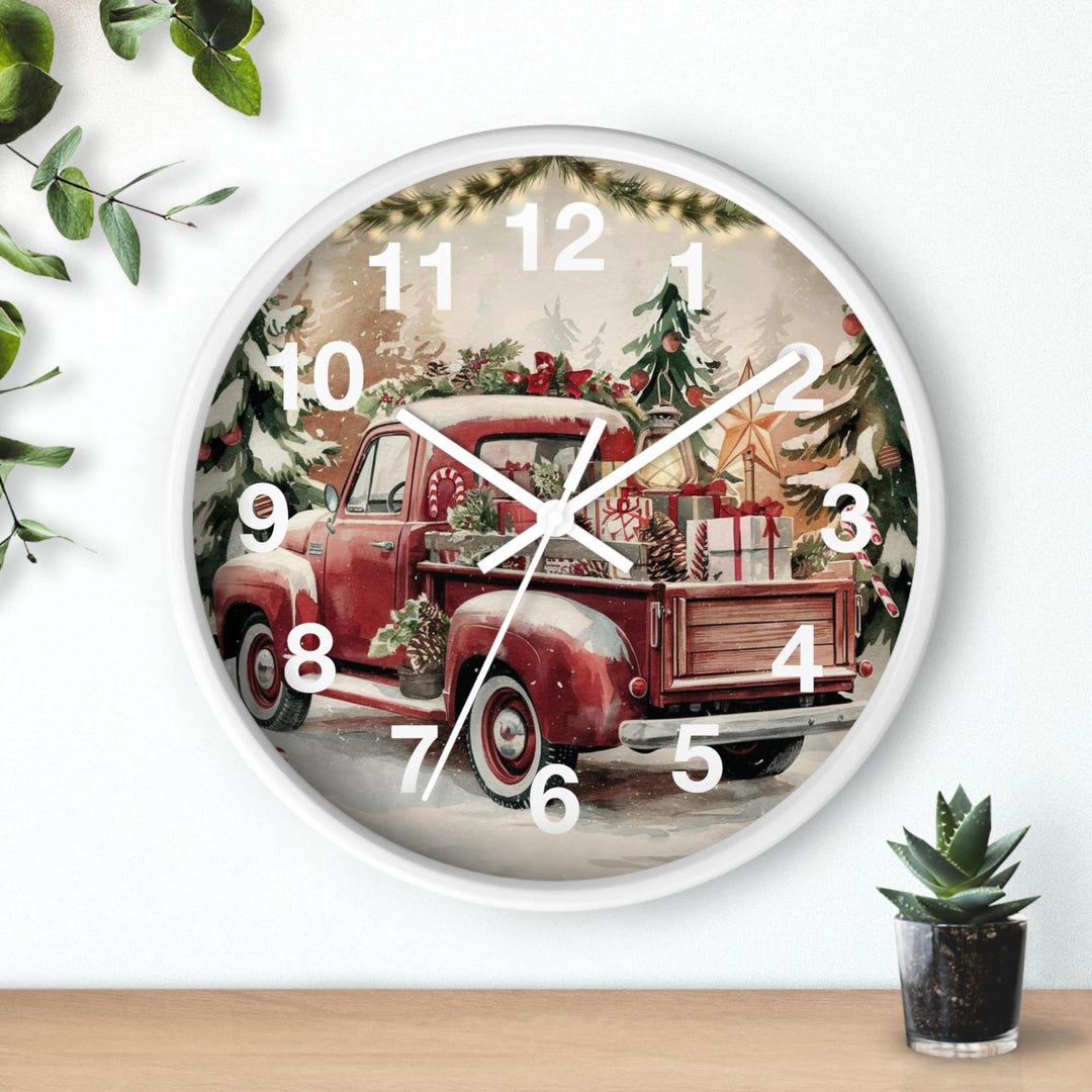 Christmas Wall Clock , Christmas Scene, Vintage Truck Clock, Santa ...