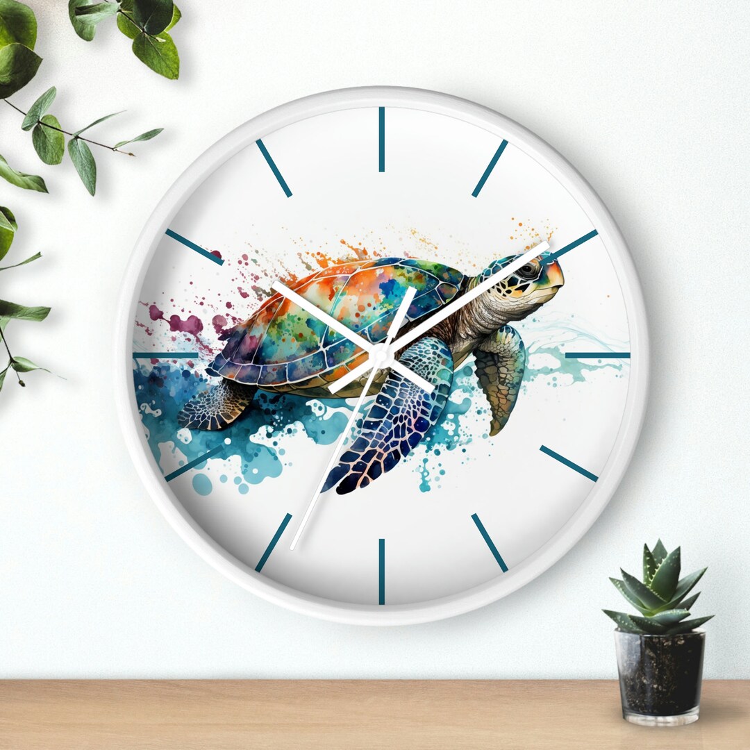 Sea Turtle Wall Clock, Watercolor Colorful Sea Turtle Designed Clock ...